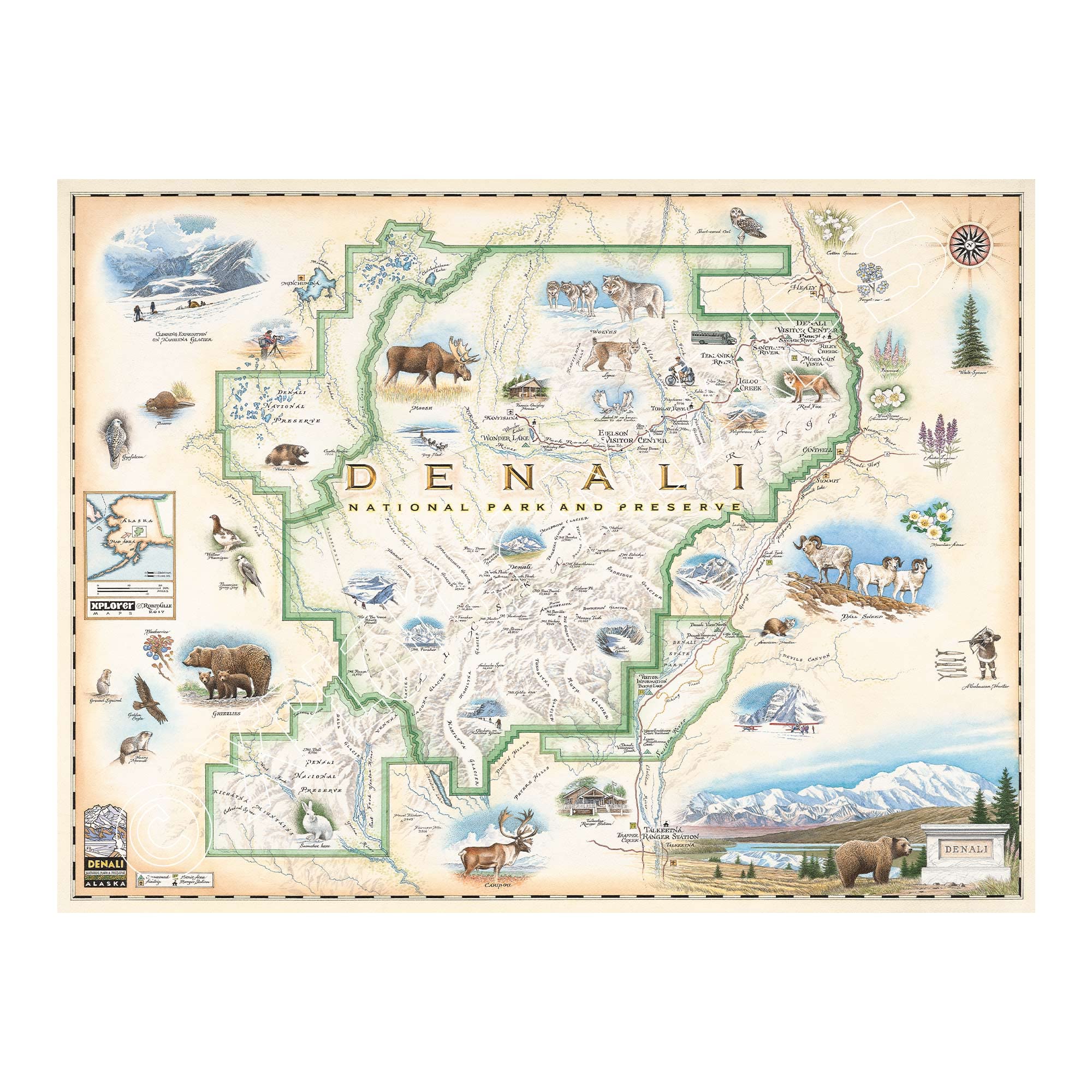 Xplorer Maps Denali National Park Hand-Drawn Map - Authentic 24x18 Vin ...