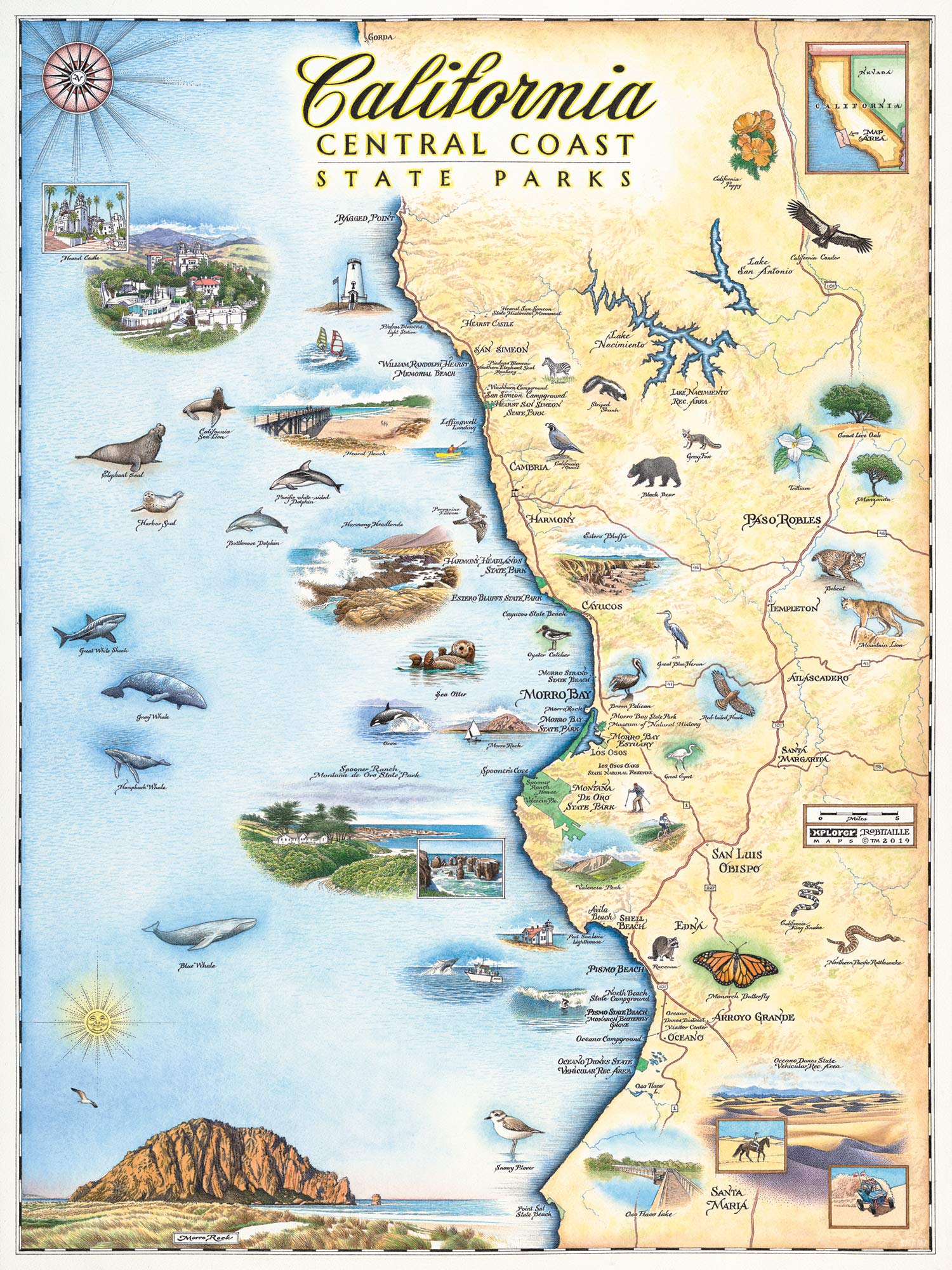 Central California State Hand-Drawn Map Poster - Authentic 18x24 Inch ...